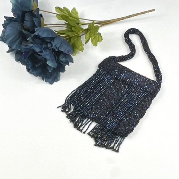 Source Unknown | Bags | Navy Blue Art Deco 92s Micro Beaded Flapper Bag ...